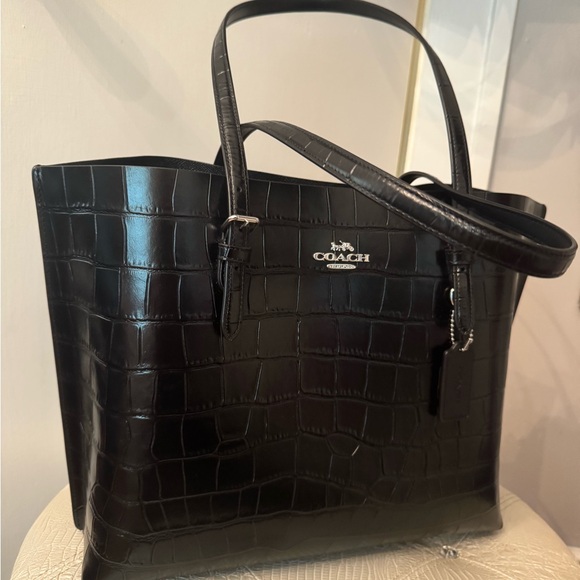 Coach | Bags | Coach Black Leather Tote With Croc Embossing | Poshmark